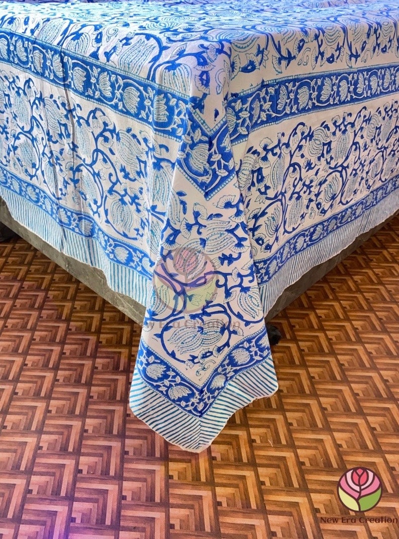 Hand Block Print Cotton Tablecloth, Blue Floral Indian Table Linen ...