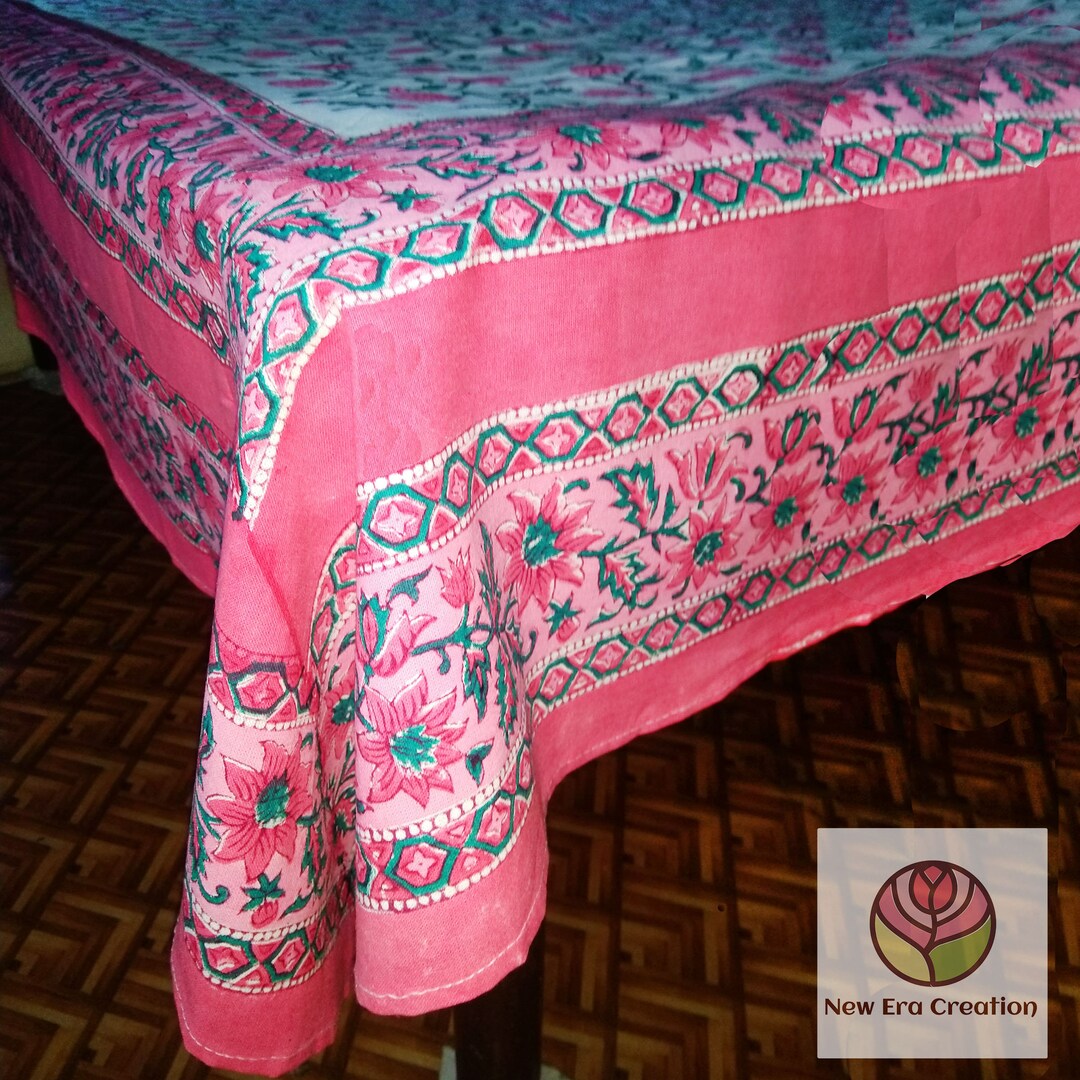 Pink Floral Hand Block Printed Cotton Tablecloth, Indian Boho Table ...