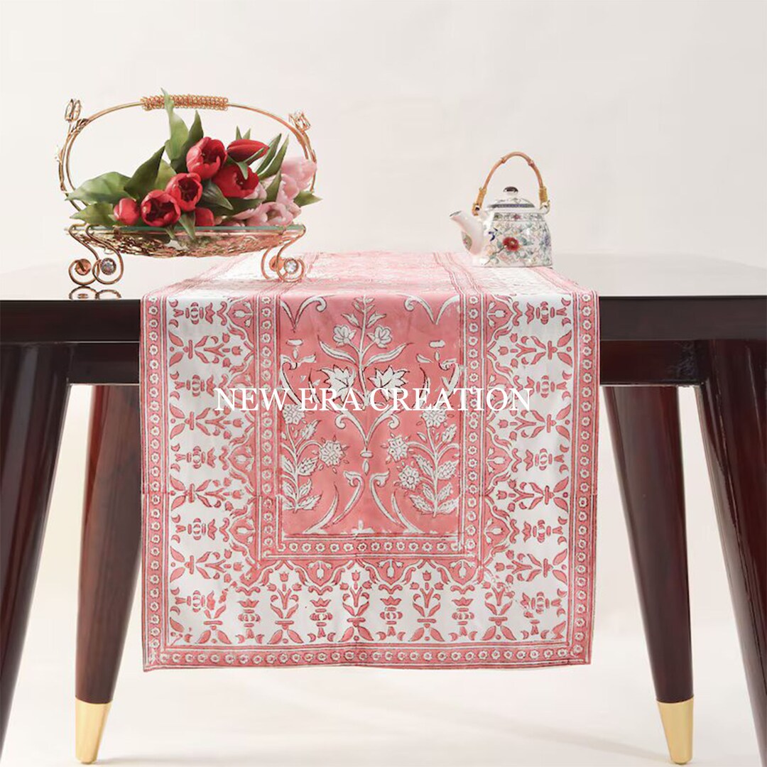 Pink Floral Table Runner: Hand Block Printed Cotton, Indian Decor - Etsy