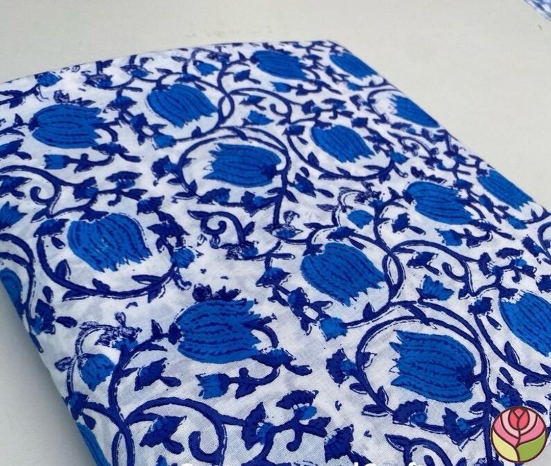 New Era Creation Light Blue & Delft Blue Indian Floral Hand Block ...