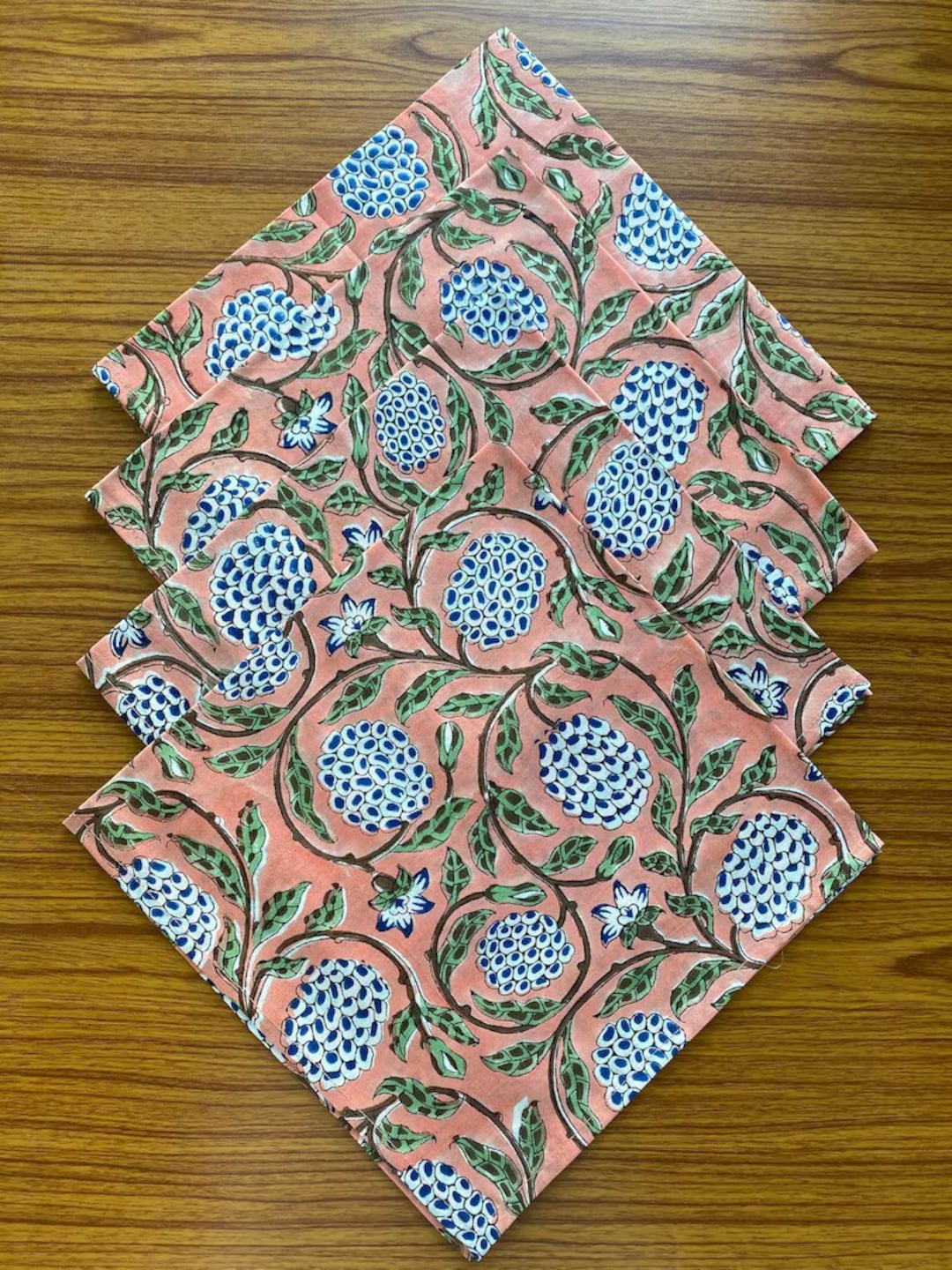 Floral Block Print Cotton Napkins: Salmon, Blue, Green Indian Napkins ...