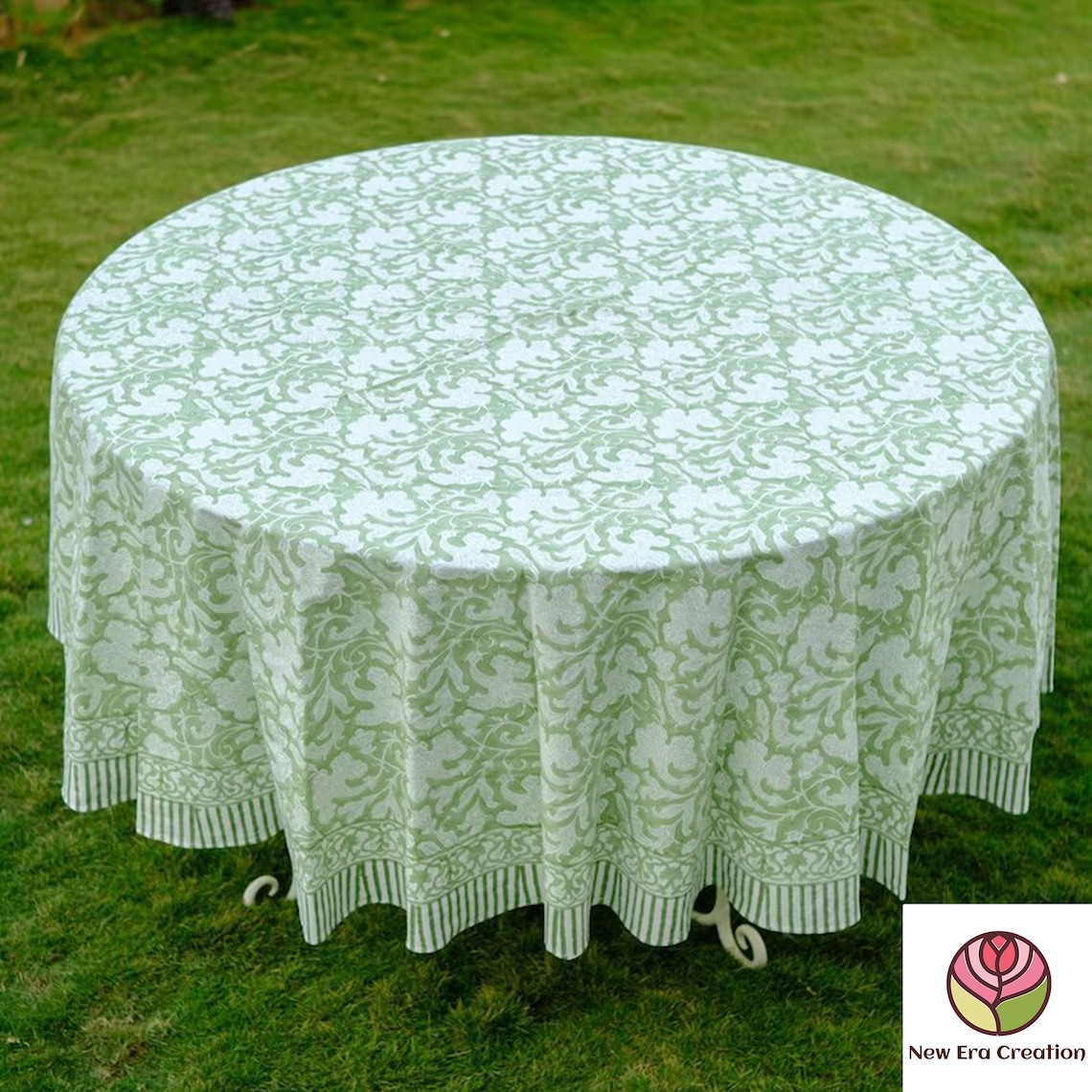 New Era Creation Green Round Tablecloth, Indian Floral Block Printed ...