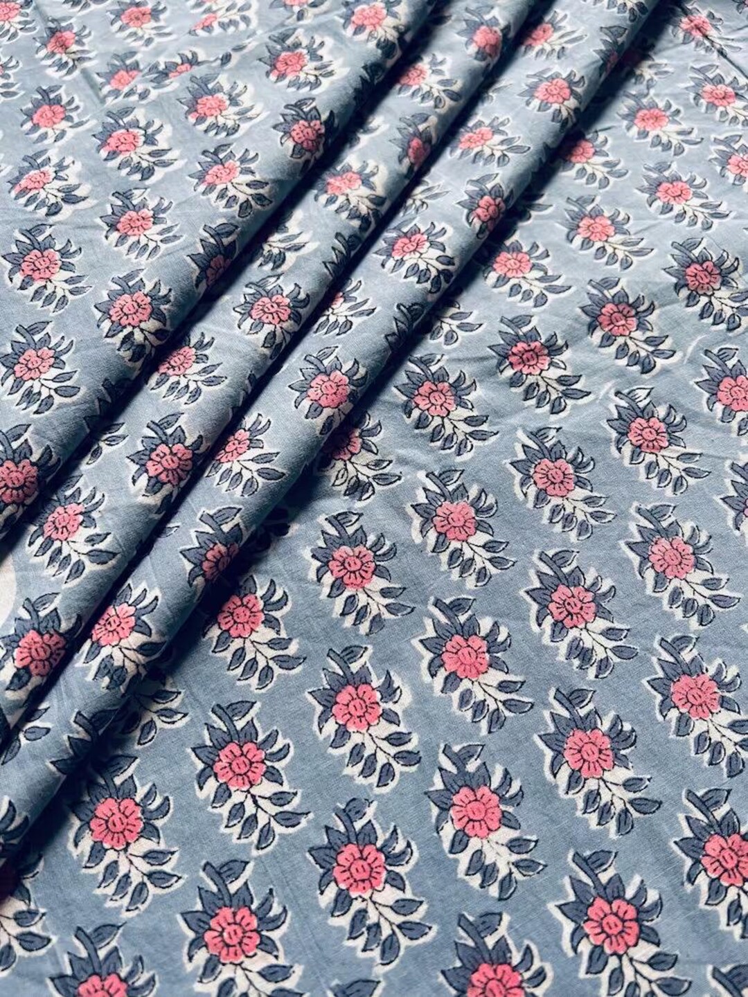 New Era Creation Gray and Red,delft Blue Indian Floral Hand Block ...