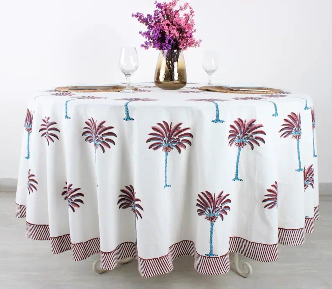 Indian Floral Block Print Round Tablecloth: Red Palm Tree Cotton Linen ...