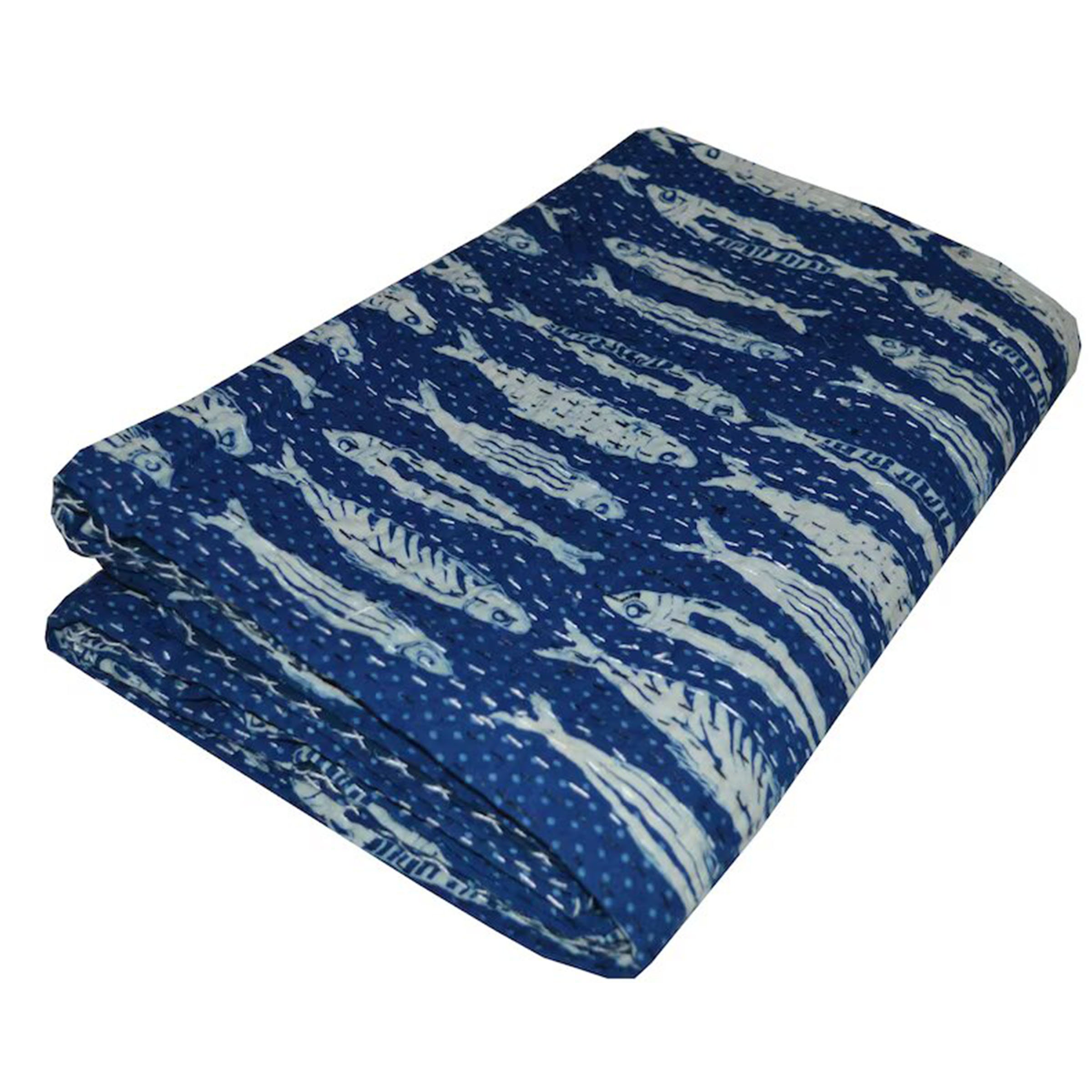 NEC Indigo Fish Print Kantha Quilt: Vintage Indian Cotton Bedspread - Etsy