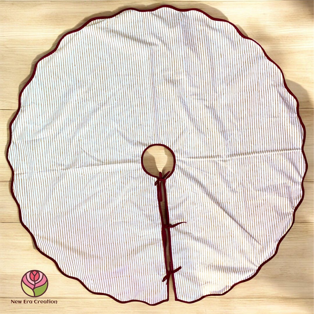 NEC Hand Block Printed Cotton Christmas Tree Skirt: Brown Stripe Floral ...