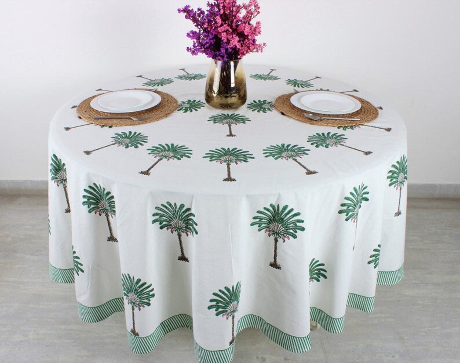 Hand Block Printed Cotton Round Tablecloth: Pine Green Palm Tree Design ...