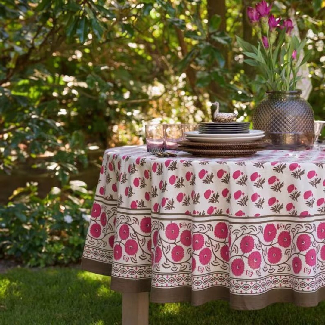 Floral Block Print Round Tablecloth: Indian Cotton Table Cover - Etsy