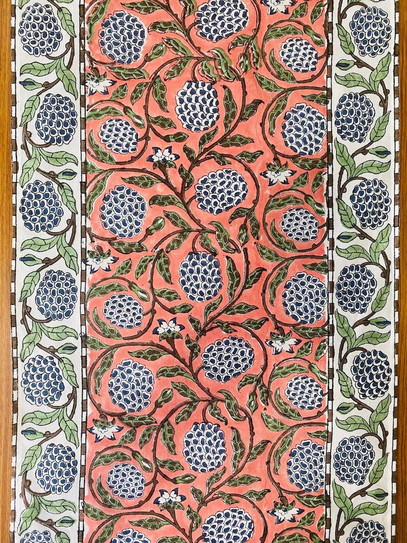 Dark Salmon Pink, Sage Green, Delft Blue Indian Hand Block Floral ...