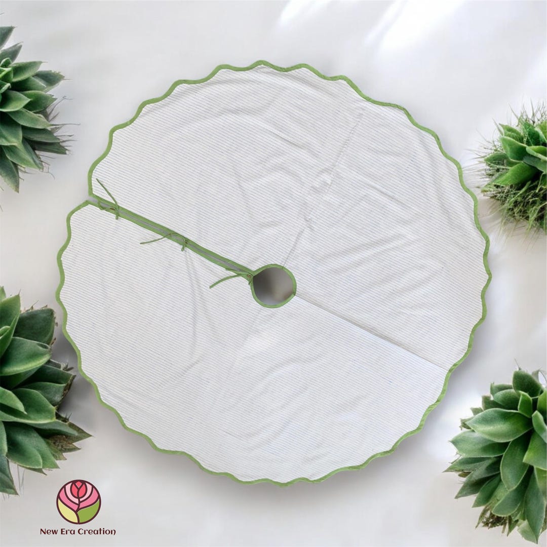 NEC Hand Block Printed Cotton Christmas Tree Skirt: Sage Green Floral ...