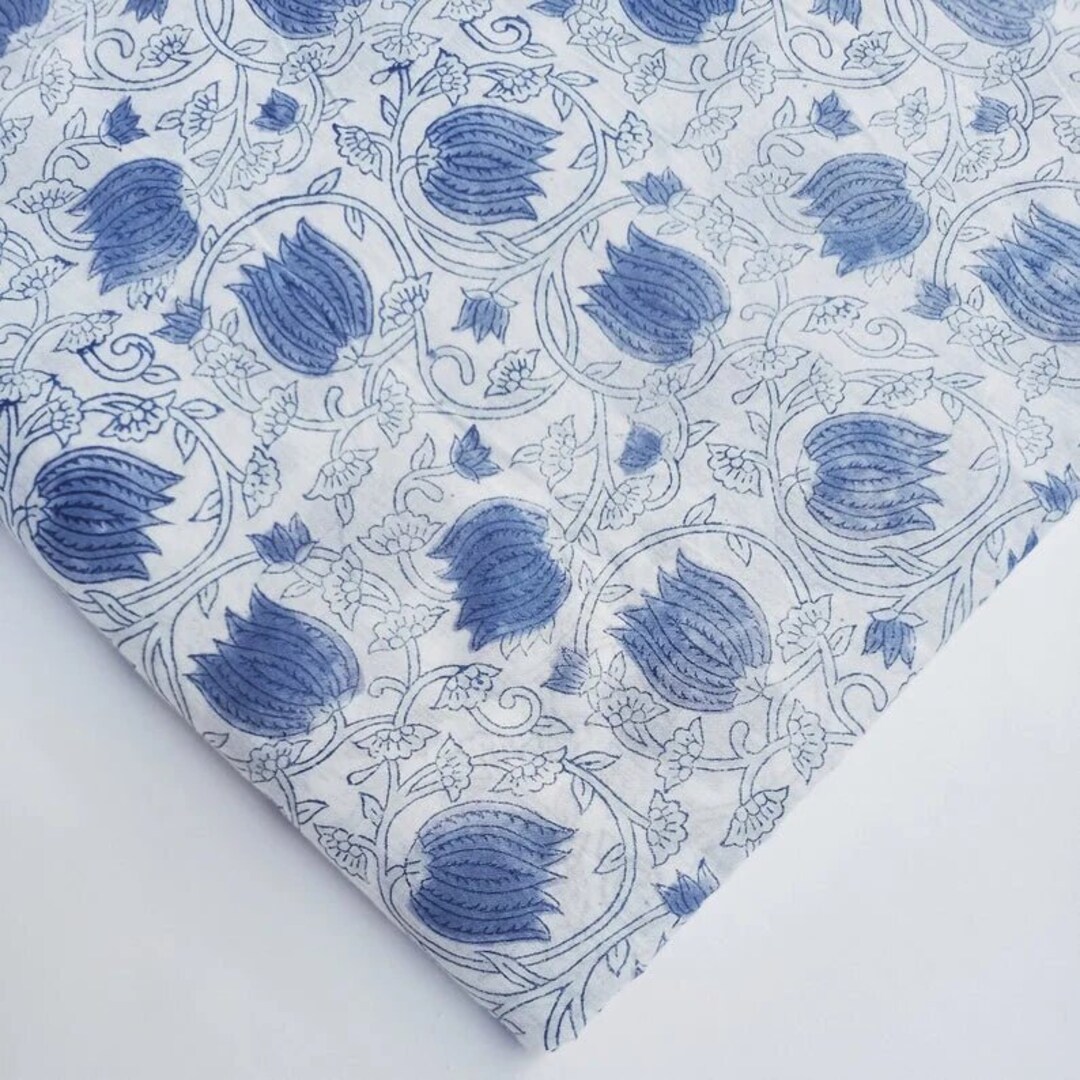 New Era Creation Sky Blue, Delft Blue Indian Floral Hand Block Printed ...