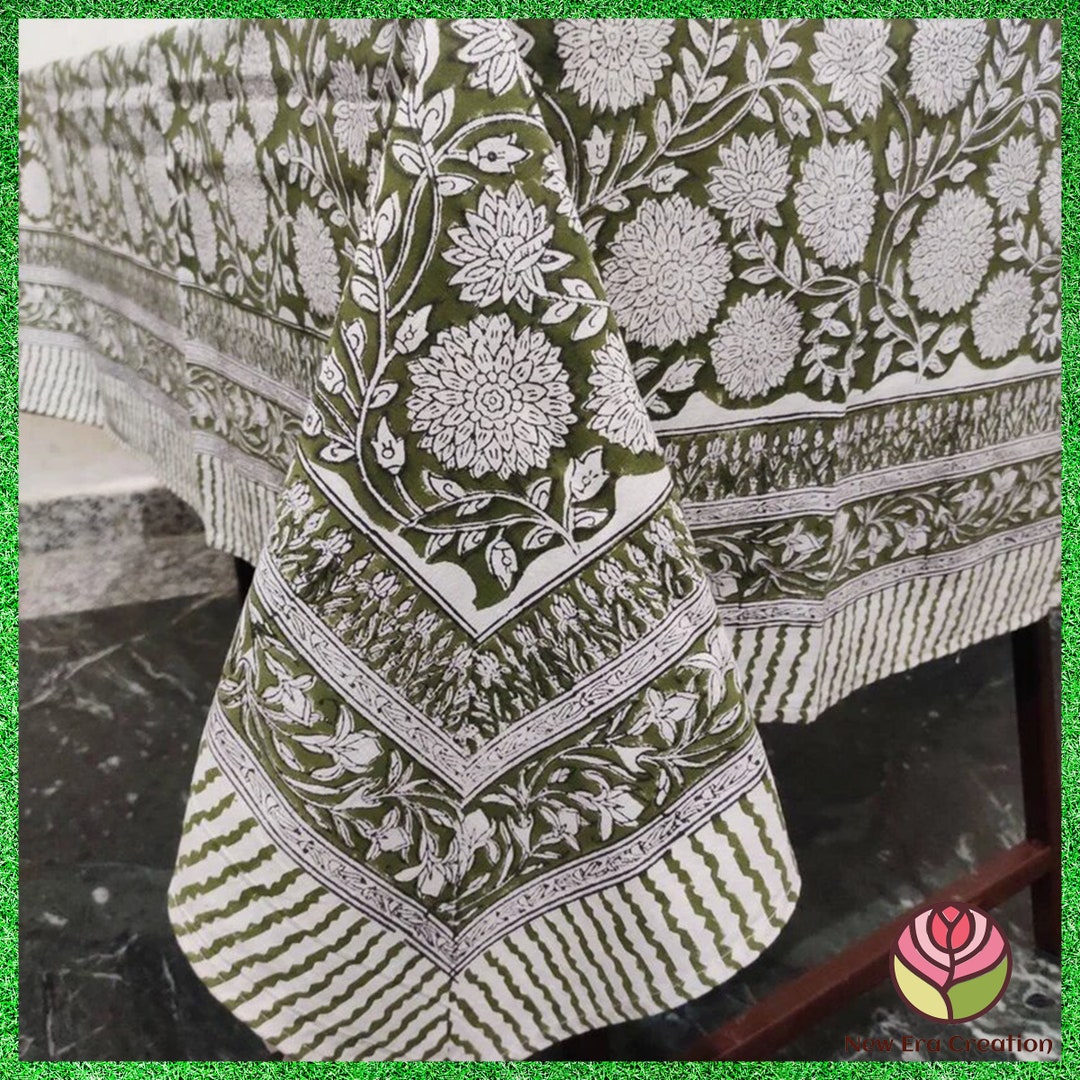 Hand Block Printed Tablecloth & Napkins: Sage Green Floral Indian ...