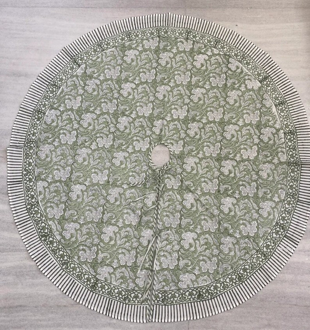 NEC Sage Green Floral Christmas Tree Skirt: Hand Block Printed Cotton ...