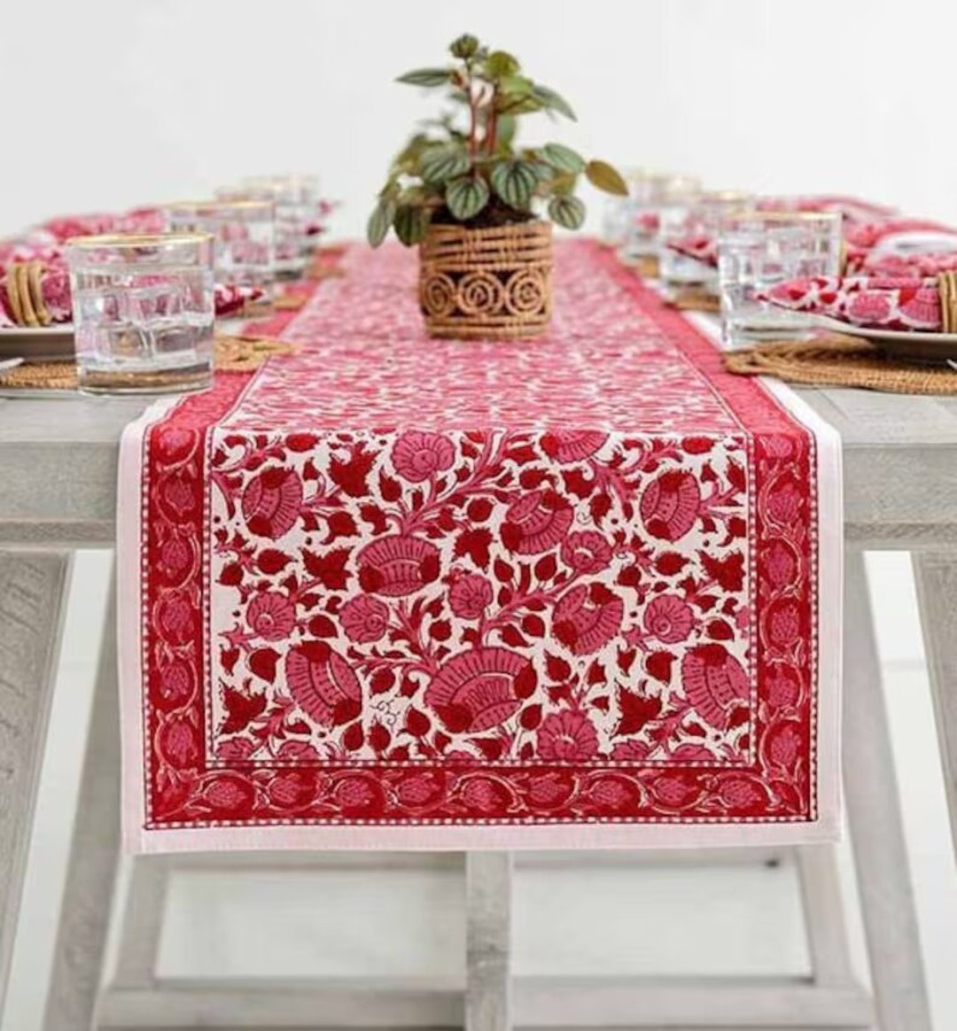 Floral Hand Block Printed Cotton Table Runner: Red & Pink Indian Design ...