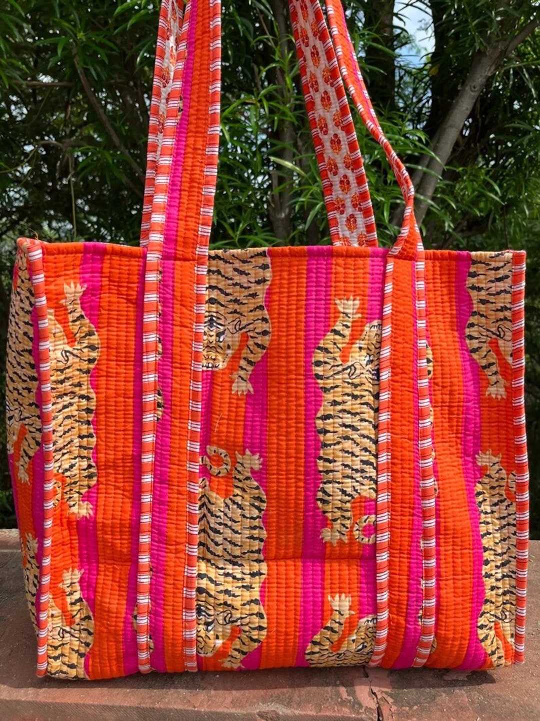 New Era Jaipuri Tiger Block Print Tote Bag Indian Handmade Cotton ...