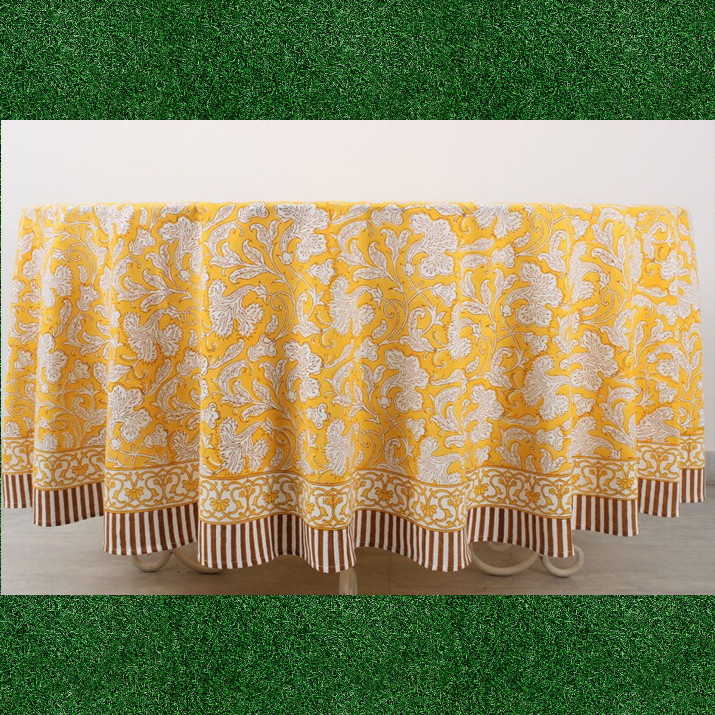 New Era Creation Saffron Yellow Round Tablecloth, Indian Floral Block ...