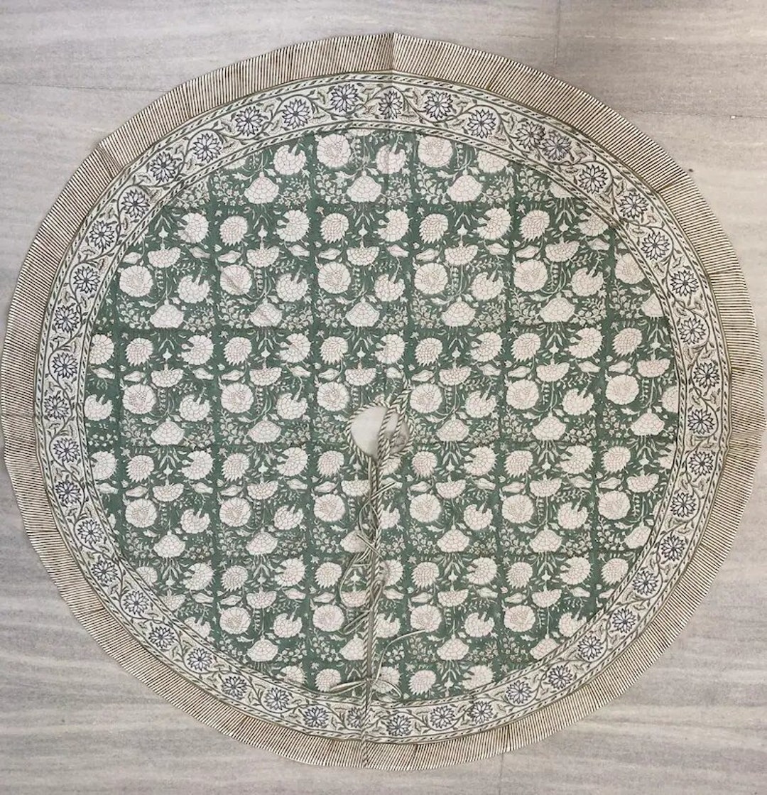 NEC Hand Block Printed Cotton Christmas Tree Skirt: Turquoise Floral - Etsy