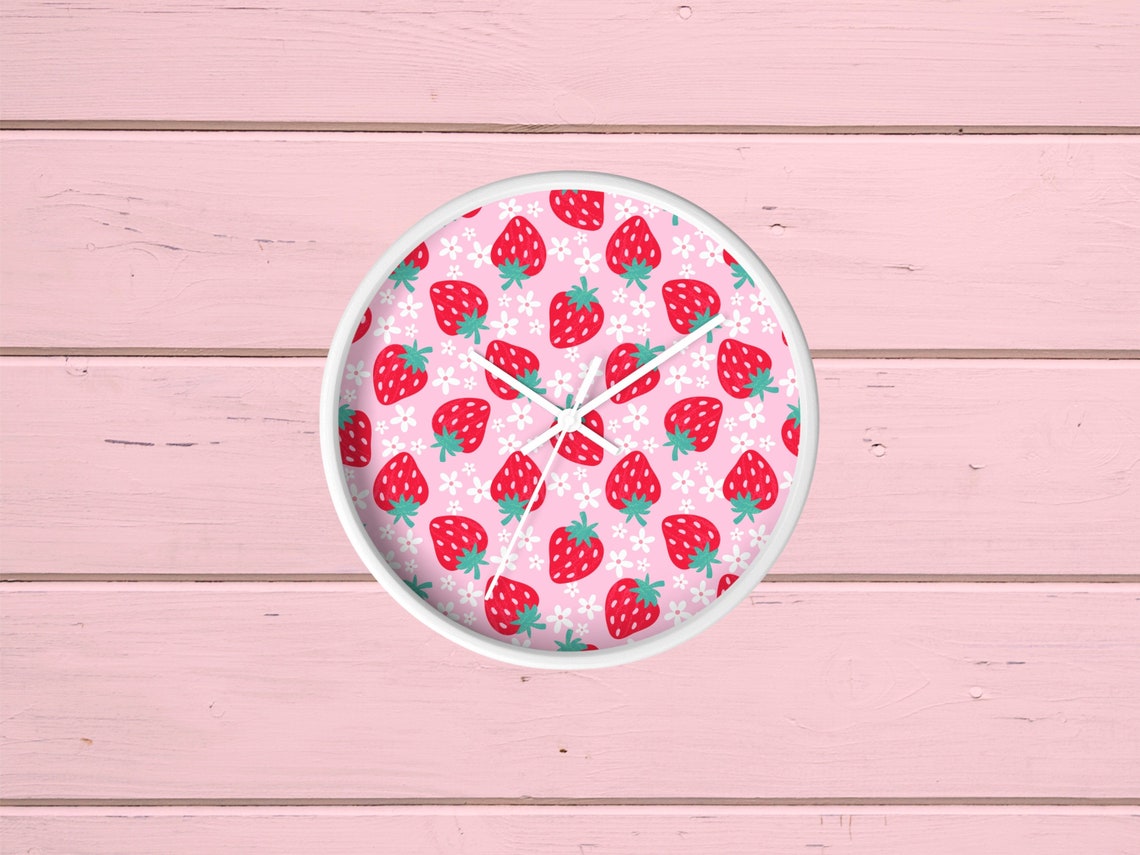 Summer Strawberries Wall Clock Pink Coquette Room Decor, Girly Bedroom ...