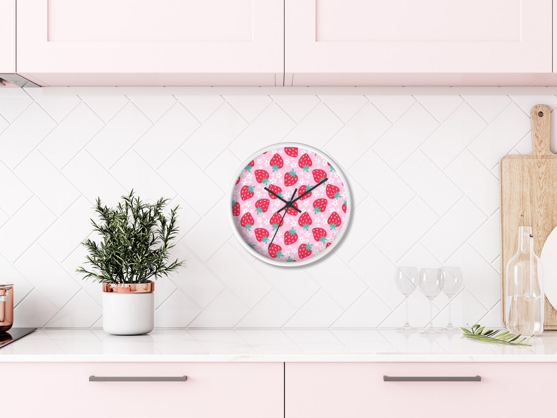 Summer Strawberries Wall Clock Pink Coquette Room Decor, Girly Bedroom ...