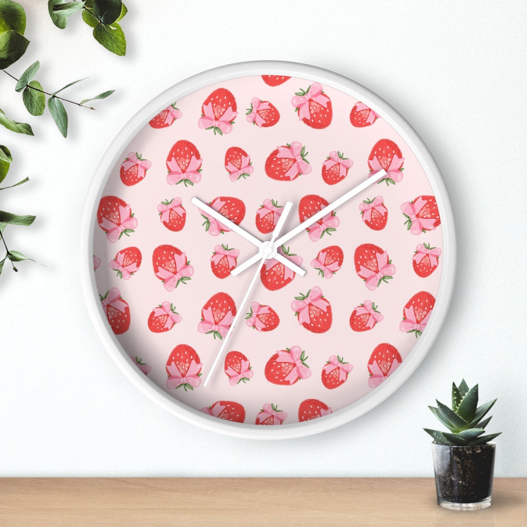 Watercolor Coquette Strawberries Wall Clock Girly Bedroom, Pink ...