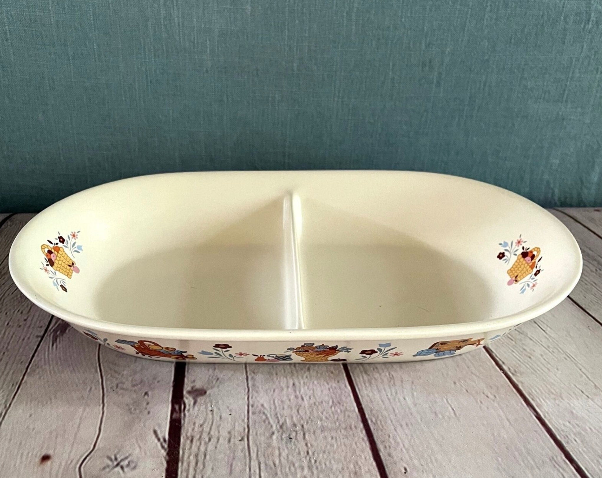 So Cute Stoneware Divided Cooking Dish With Country Baskets and Flowers ...