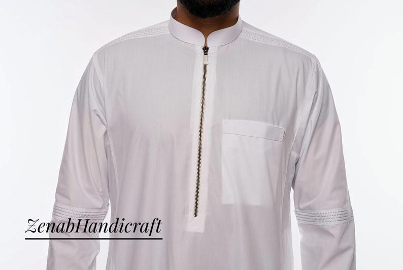 Mens White Qatari Thobe With Front Pleat Wool Mix Thobes Jubbah Jubba ...