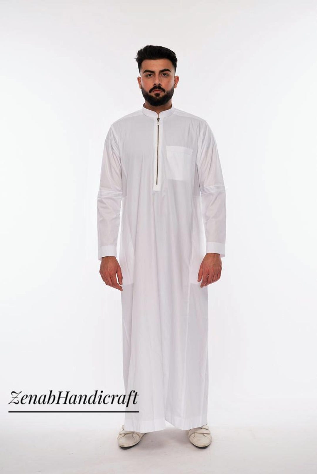 Mens White Qatari Thobe With Front Pleat Wool Mix Thobes Jubbah Jubba ...