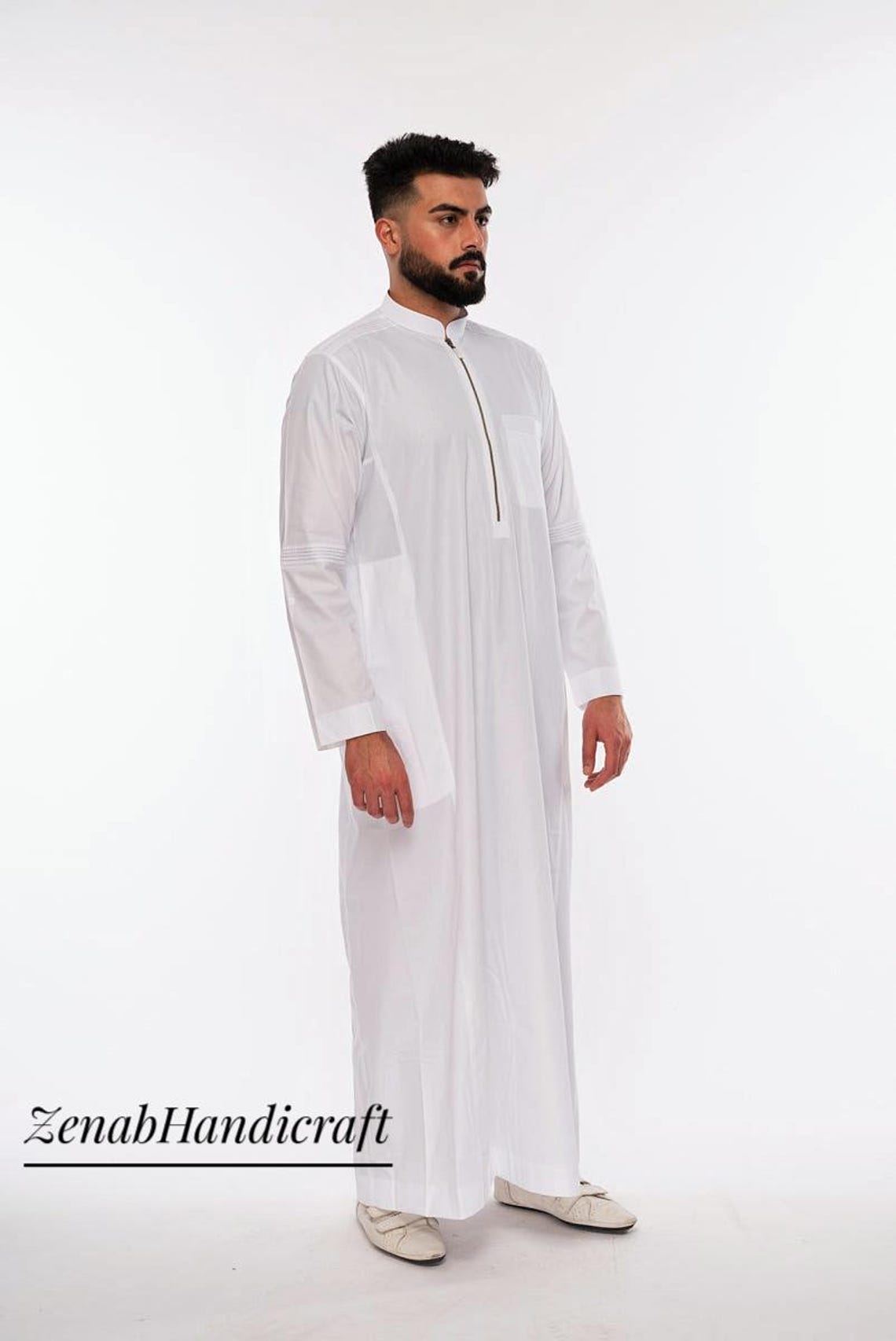 Mens White Qatari Thobe With Front Pleat Wool Mix Thobes Jubbah Jubba ...