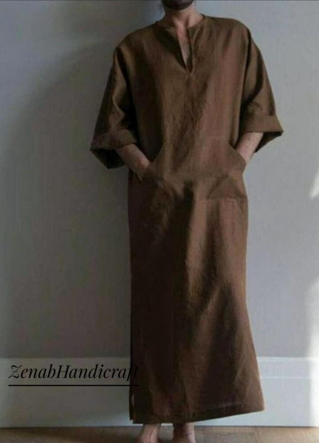 Men's Linen Robe Summer Kaftan, Brown Color, Loose Fit Tunics for Men ...