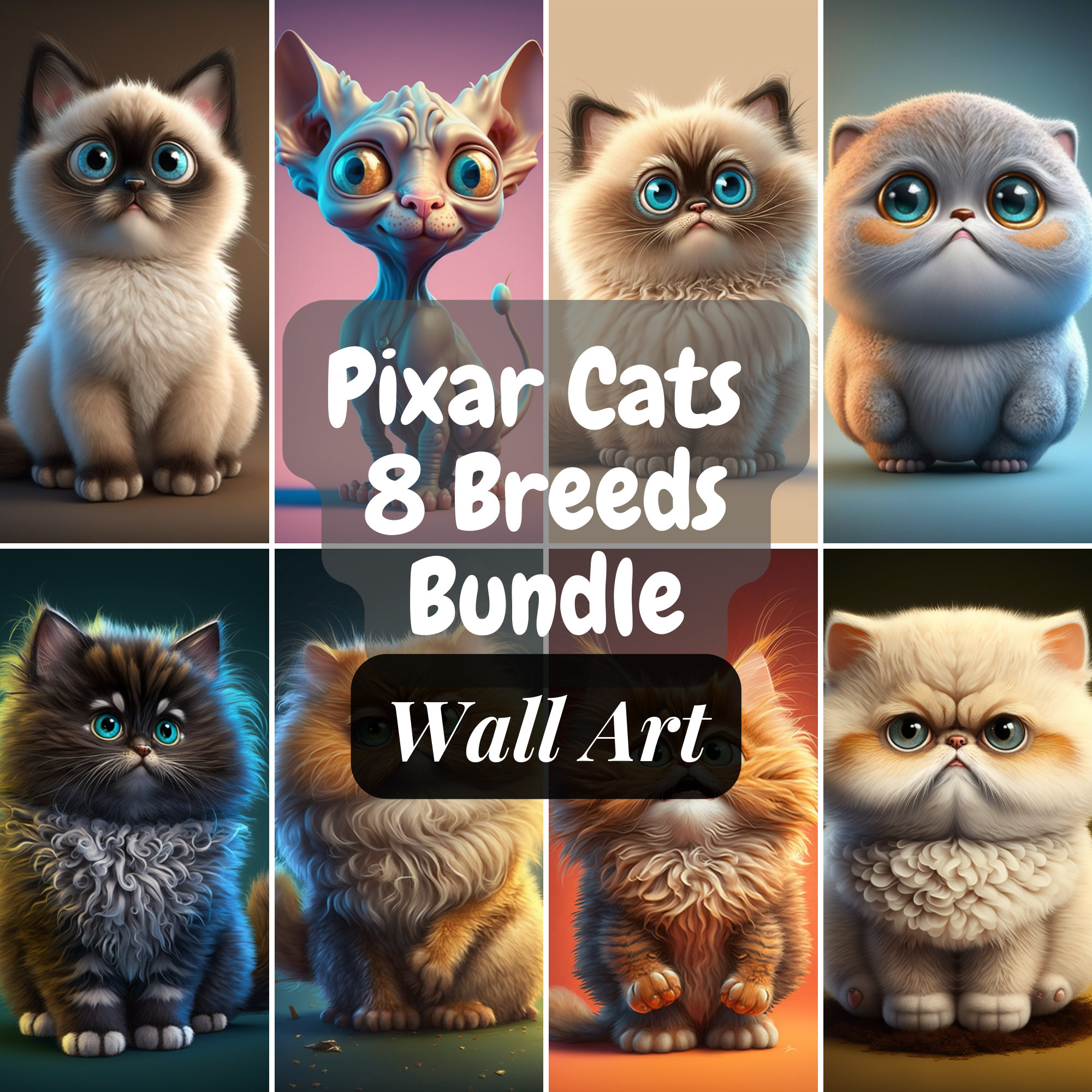 Cat Pixar Art Style Set of 8 Bundle Digital Prints Wall Art - Etsy