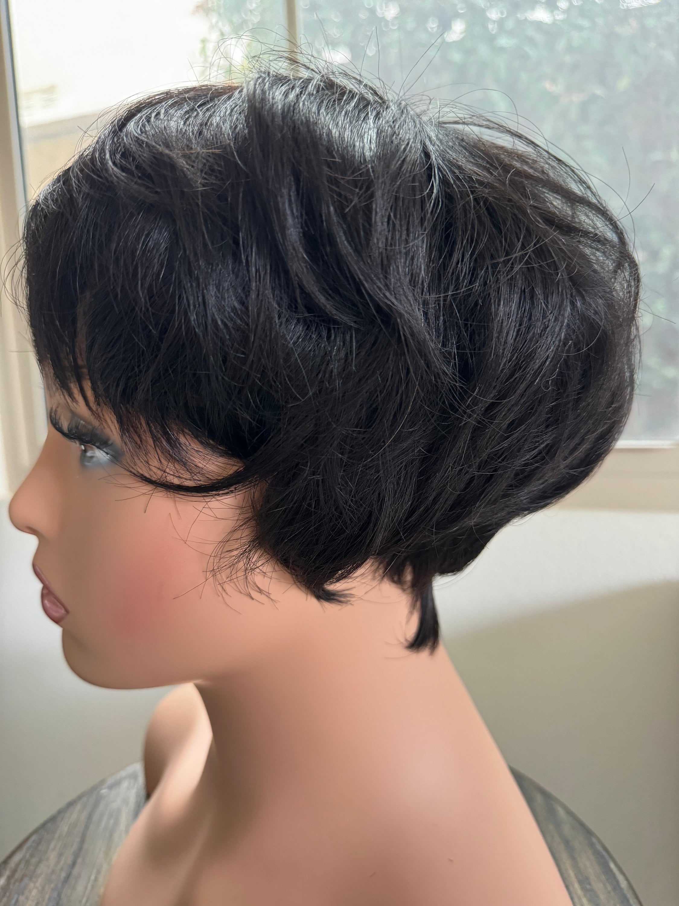 Black Short Layered Pixie Wigs for Women Human Hair Wigs With Bangs Glueless - Etsy