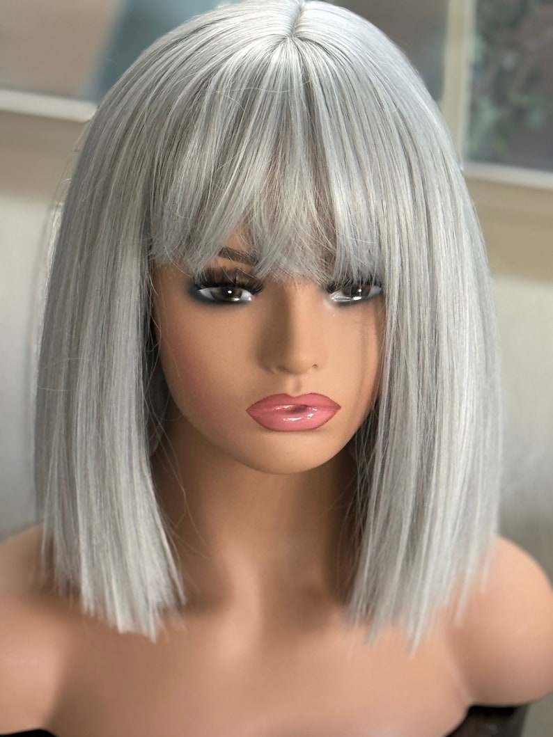 Tillstyle Light Grey Silver Bob Wig With Curtain Bangs - Etsy