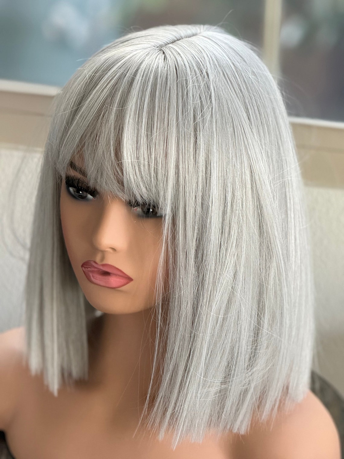 Tillstyle Light Grey Silver Bob Wig With Curtain Bangs - Etsy