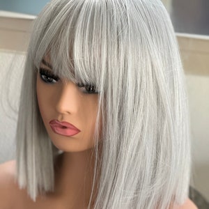 Tillstyle Light Grey Silver Bob Wig With Curtain Bangs - Etsy