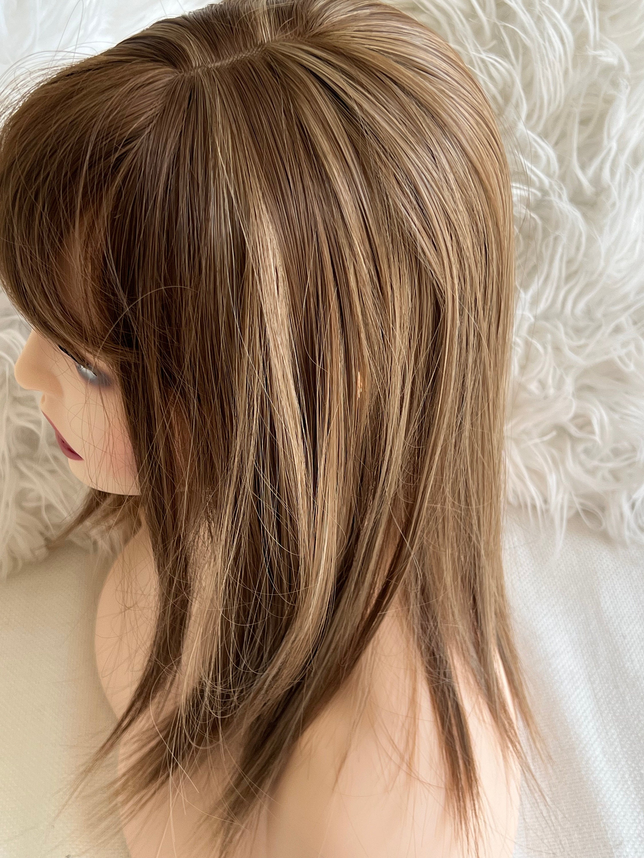Synthetic Hair Toppers With Bangs Brown With Dull Blonde Highlights ...