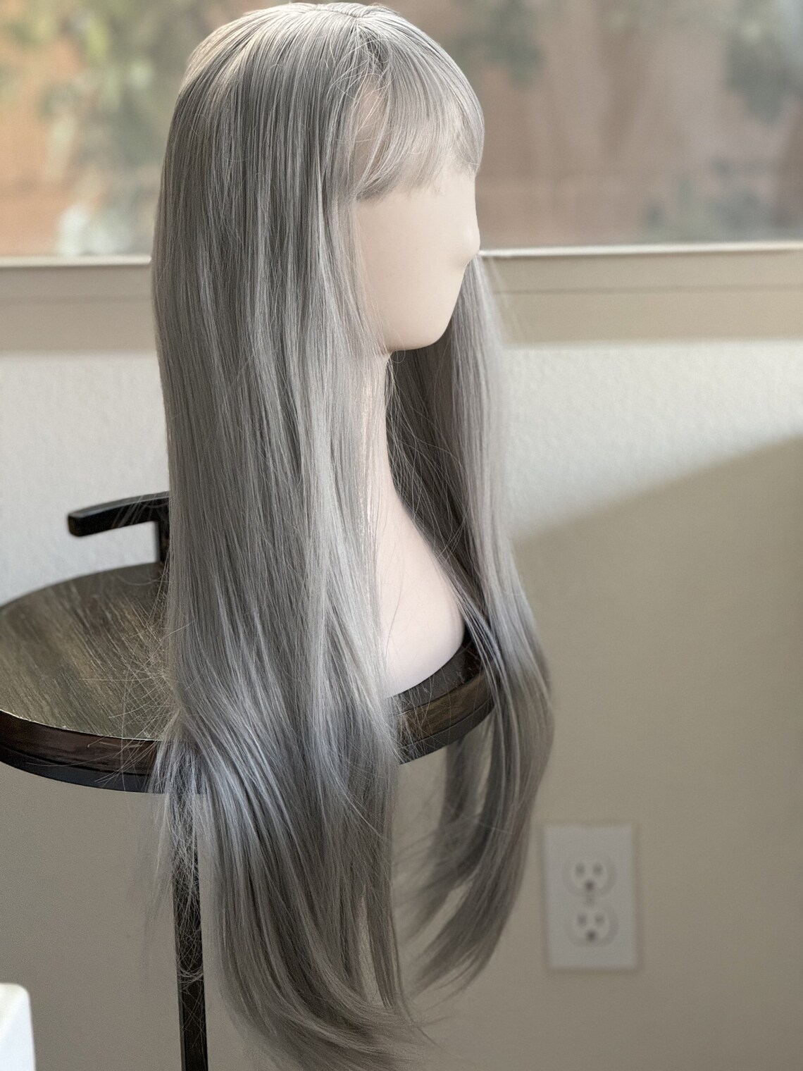 Tillstyle Long Silver Grey Wig With Bangs Straight Wig for Women 26 ...