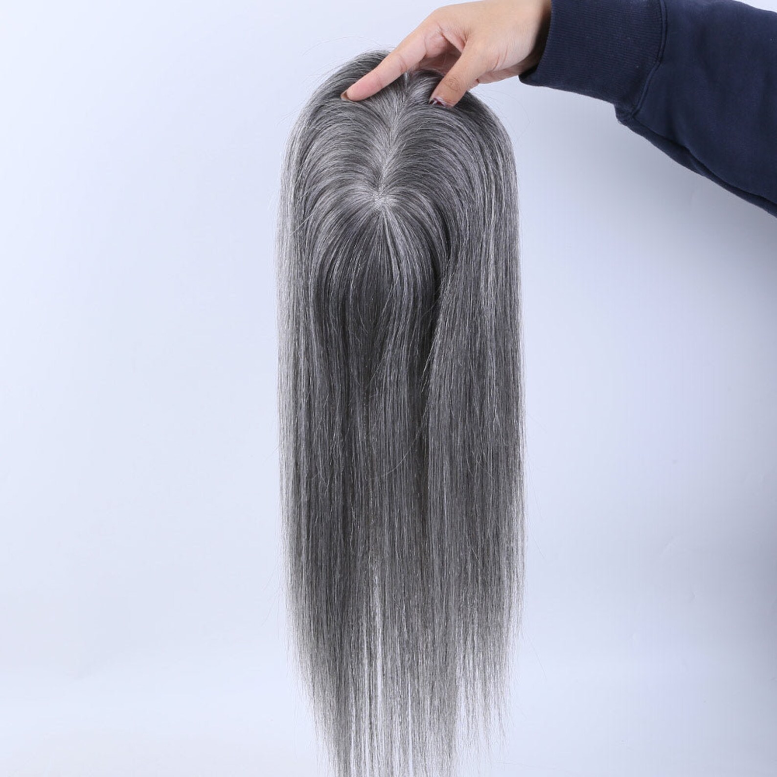 Women Mono Human Hair Topper Salt and Pepper for Thinning Crown Clip in ...