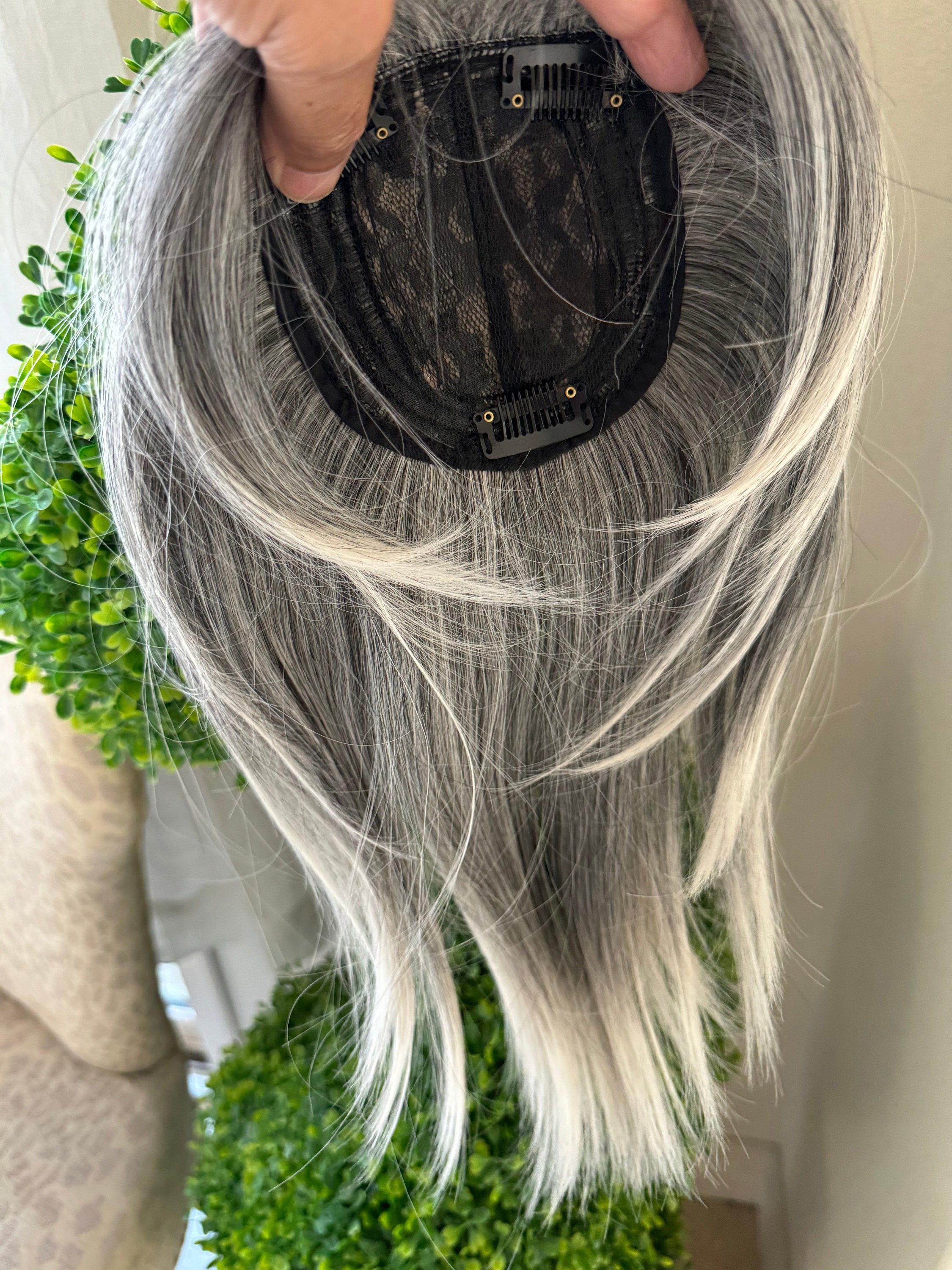 Best Grey Hair Toppers for Women Synthetic Salt and Pepper Pale White Mix Hair With Yellowish ...