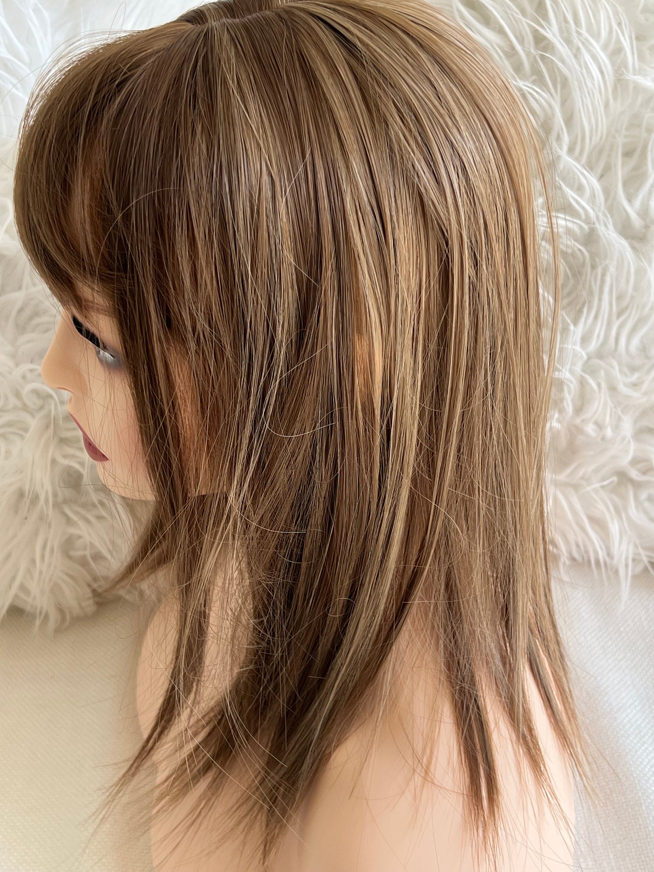 Synthetic Hair Toppers With Bangs Brown With Dull Blonde Highlights ...