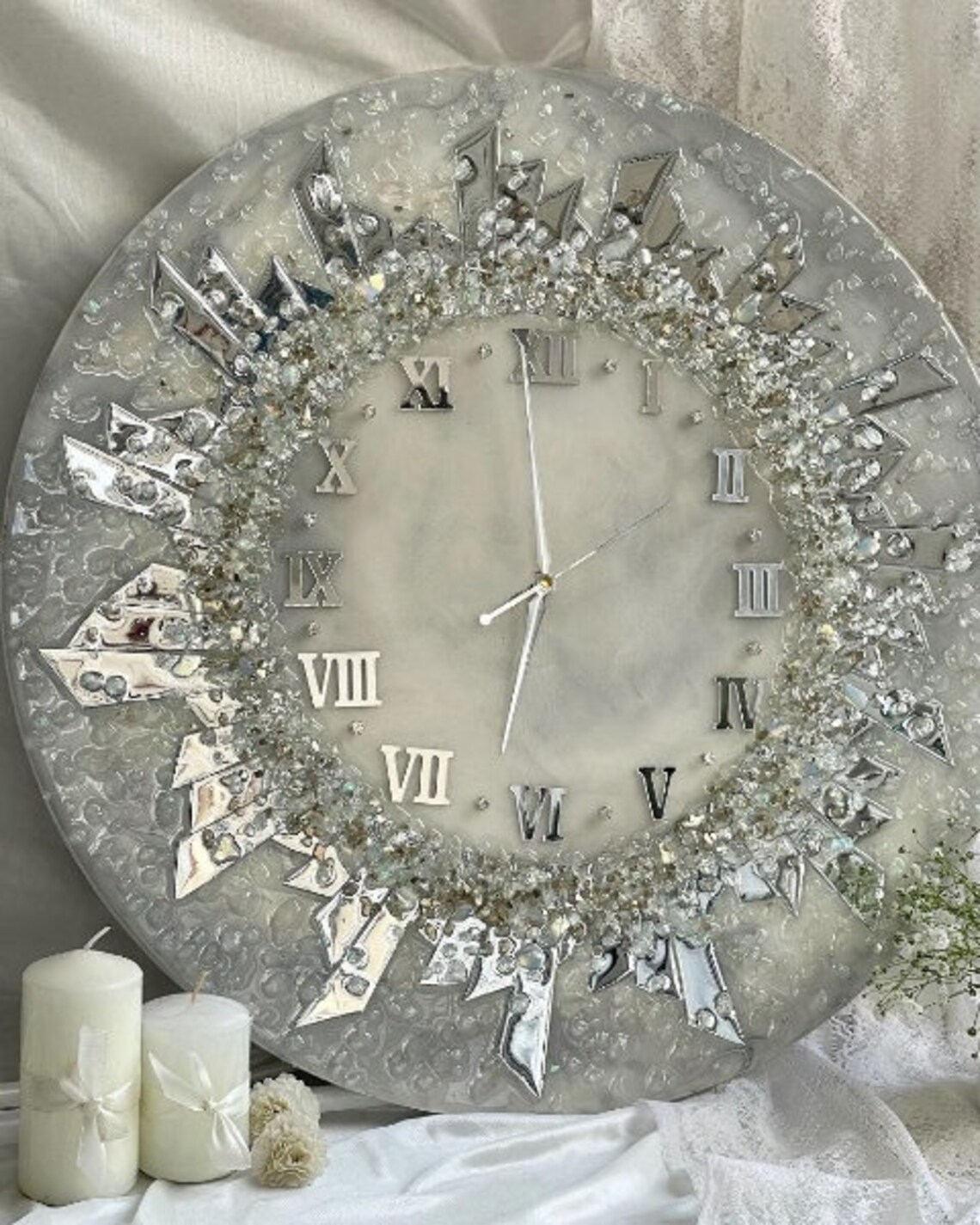 Silver Chunks Clock Crystals Unique Home Clock Mirror Collection Resin ...