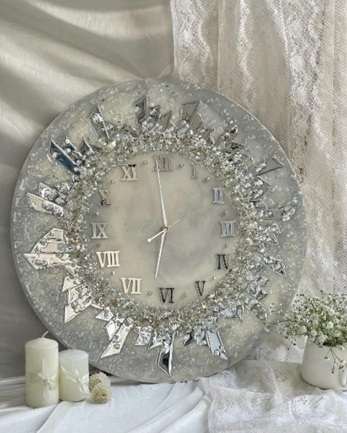 Silver Chunks Clock Crystals Unique Home Clock Mirror Collection Resin ...
