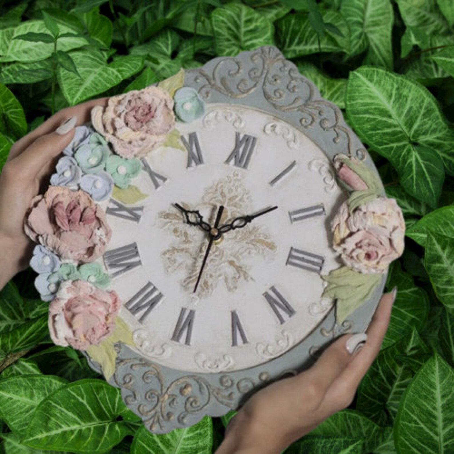 Flower Clock Vintage Wall Clock Rose Flower Custom Home Decor Handmade ...
