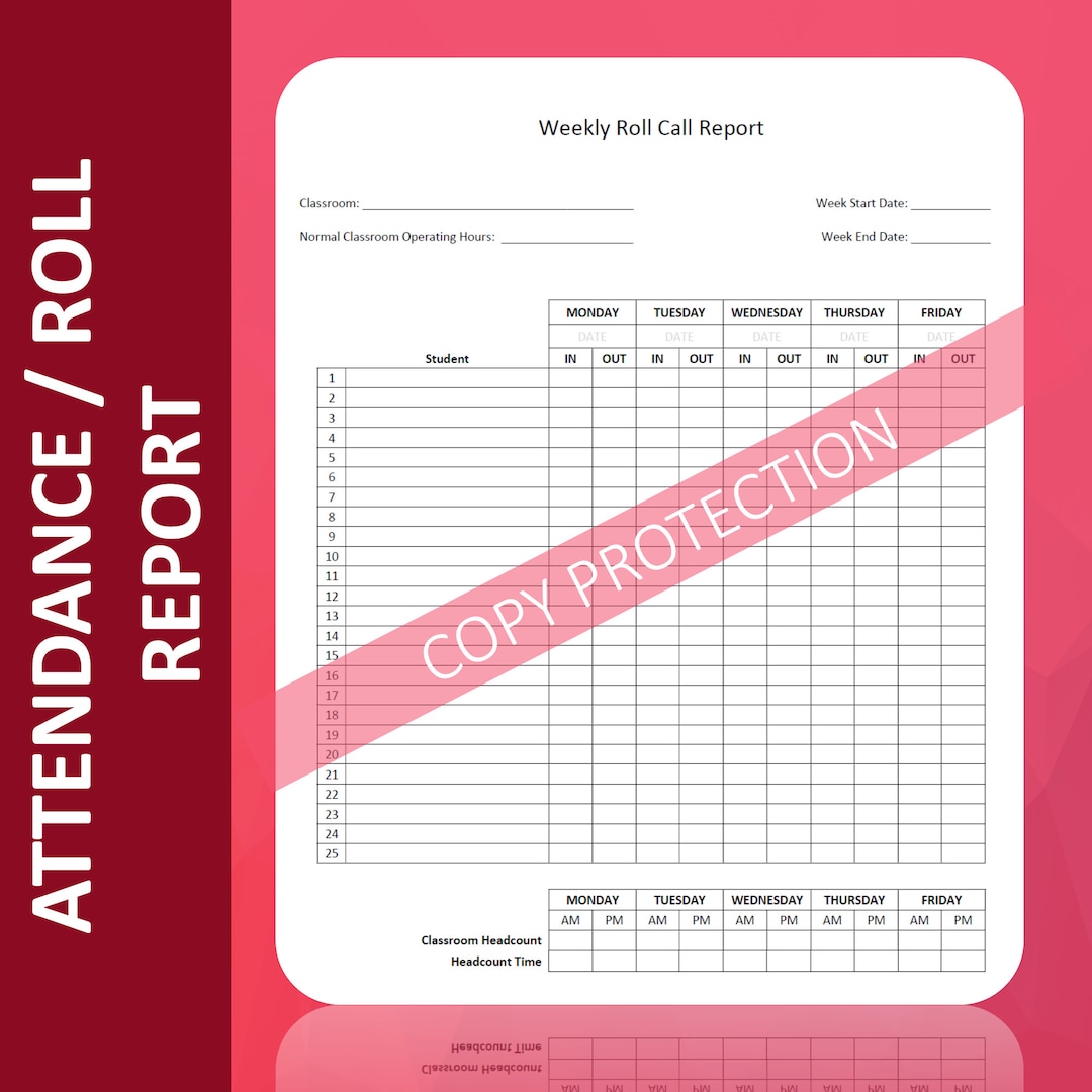 WEEKLY ATTENDANCE / HEADCOUNT Form for Classroom, Daycare, Care Center ...