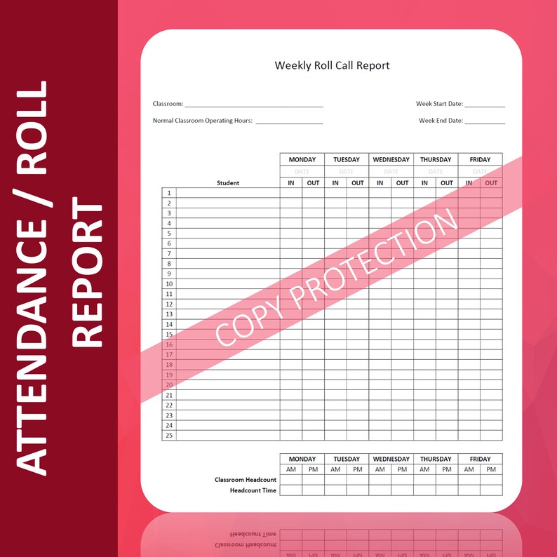WEEKLY ATTENDANCE / HEADCOUNT Form for Classroom, Daycare, Care Center ...