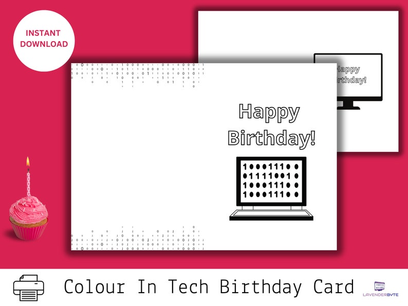 Techie Birthday Card -printable Happy Birthday Download Card, Colouring ...