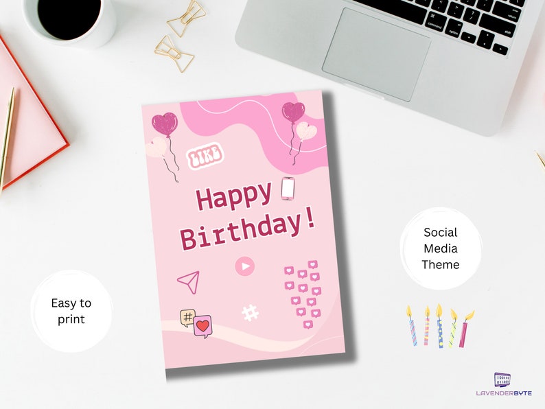 Techie Birthday Card - Printable Happy Birthday Download, Pink Birthday ...