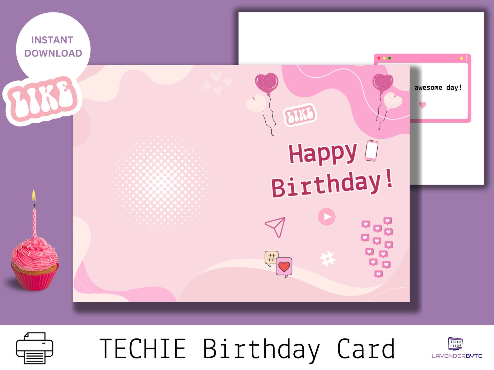 Techie Birthday Card - Printable Happy Birthday Download, Pink Birthday ...