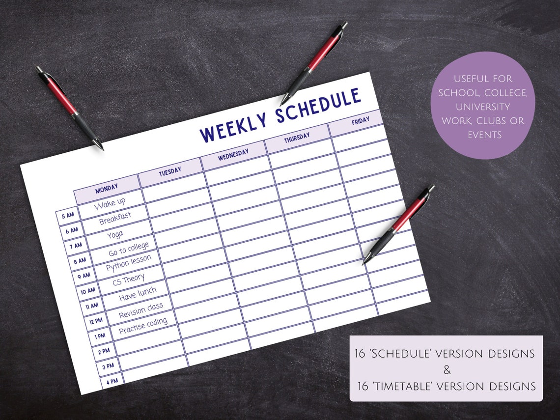 Hourly Weekly Schedule Computer Science Technology Landscape Planner ...