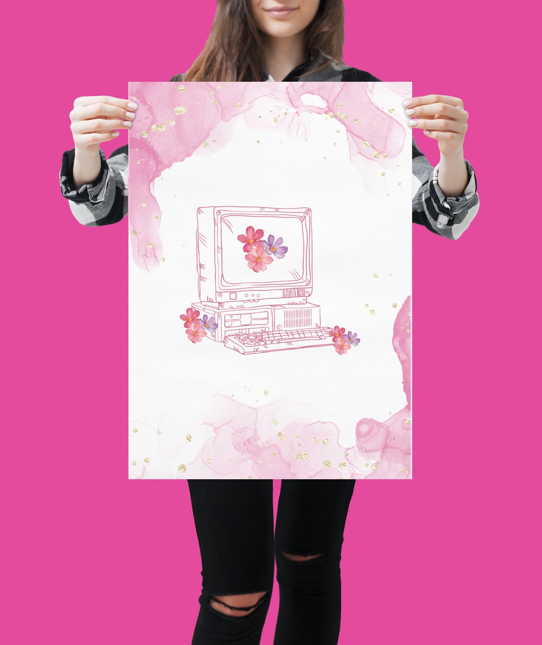 Tech Girl Pink Floral Wall Art Poster Print - Computer Science Student ...