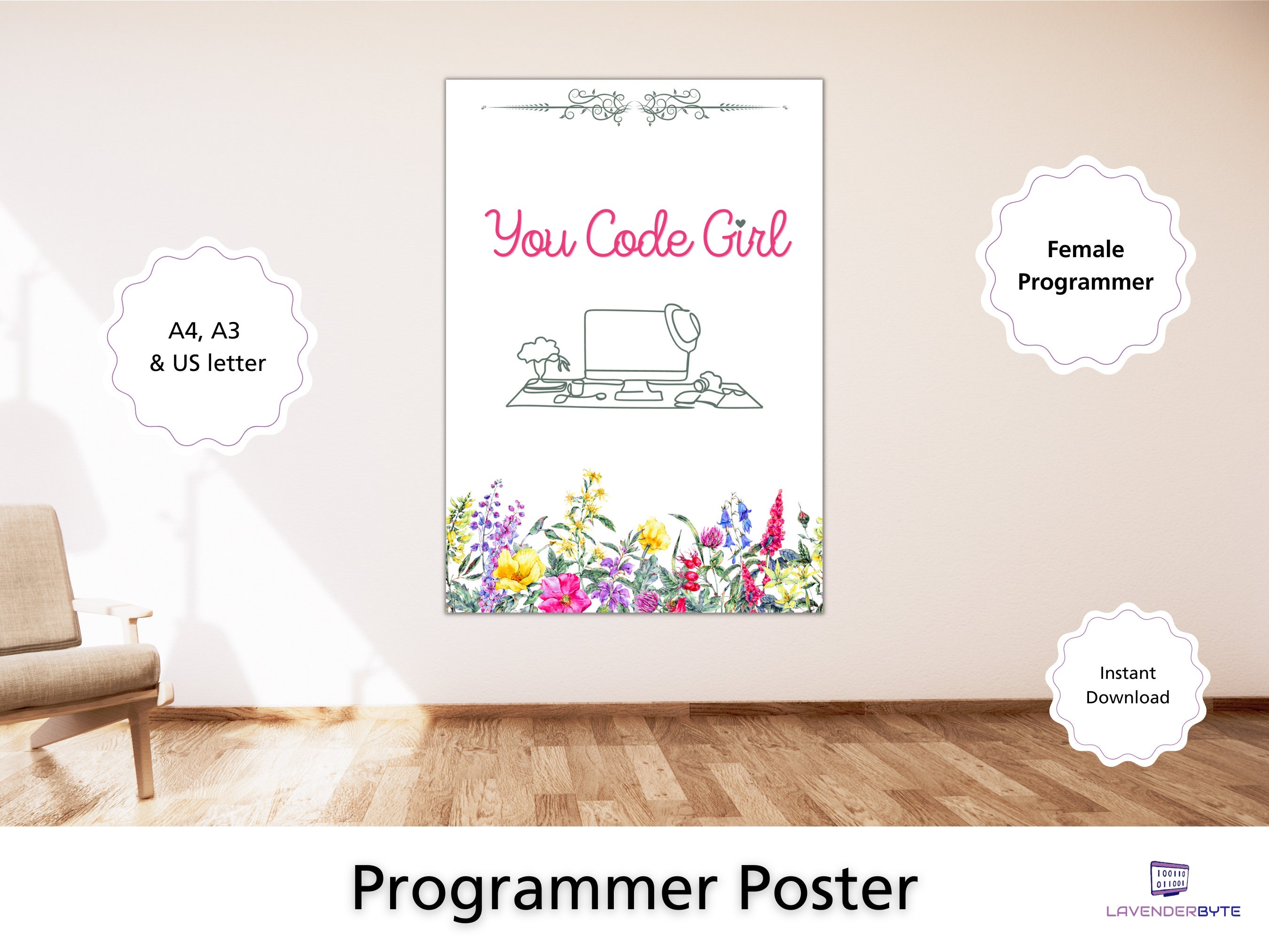 Floral Female Coding Poster - Tech Theme Office Classroom Decor, Fun ...